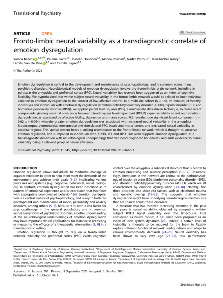 Fronto-limbic Neural Variability as a Transdiagnostic Correlate of Emotion Dysregulation | PDF ...