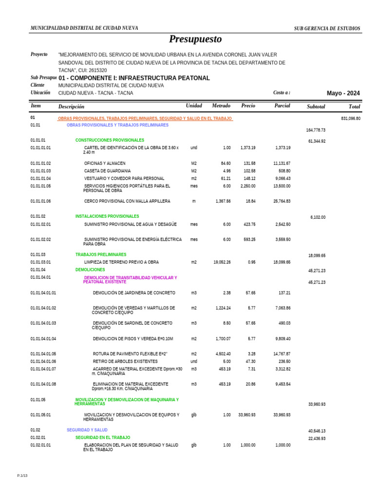 01.01 Presupuesto Componente I Infraestructura Peatonal | PDF | Hormigón | Construyendo tecnología