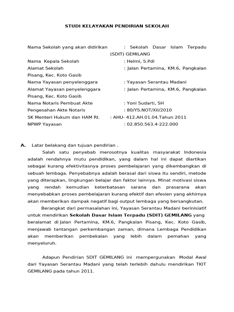Studi Kelayakan Pendirian Sekolah Sdit | PDF