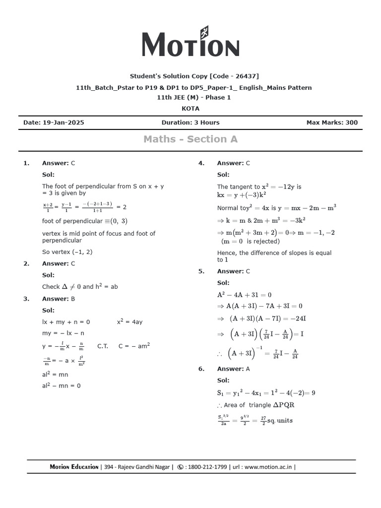 JEE Mains 2025 Maths Solutions | PDF | Mathematical Physics | Algebra