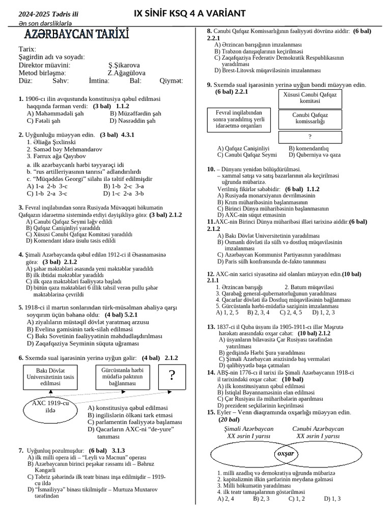 IX Sinif Az. Tarixi KSQ 3 A+ | PDF