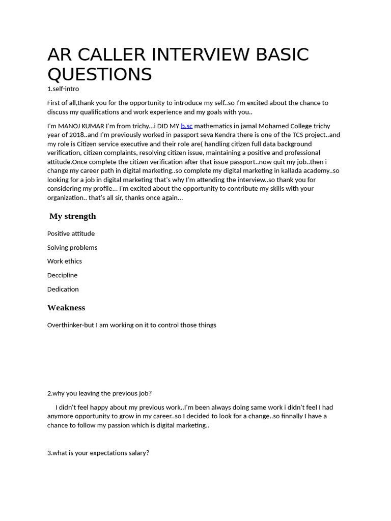 Ar Caller Interview Basic Questions | PDF | Experience | Psychological ...