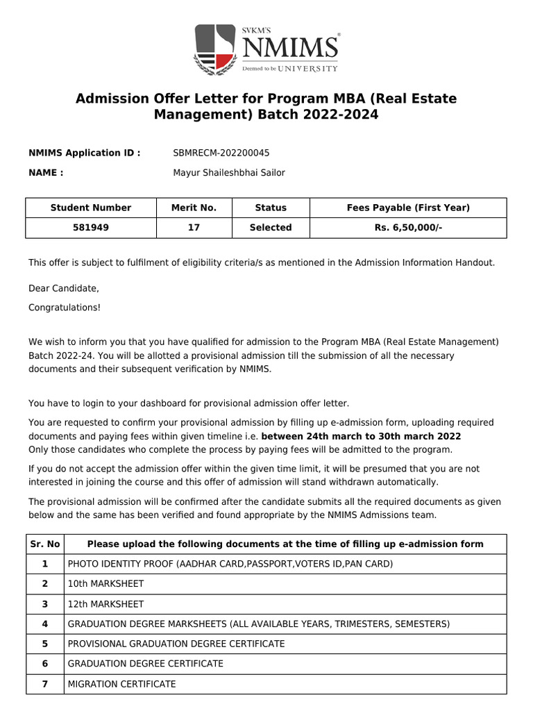MBA Admission Offer Letter 2022-2024 | PDF