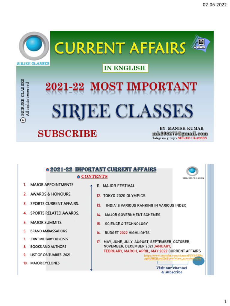 Current Affairs 2021-22 in English | PDF