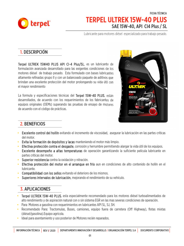 Terpel Ultrek 15w40 Plus 2020 | PDF | Lubricante | Motor diesel