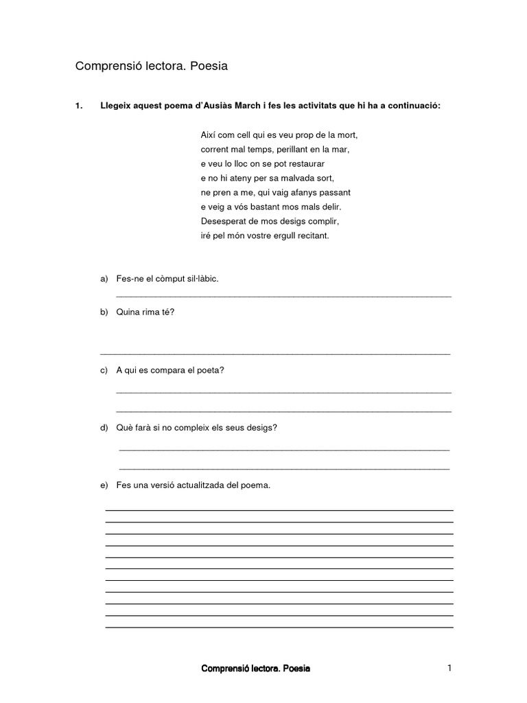 Comprensio Lectora Poesia Cruilla 4t | PDF