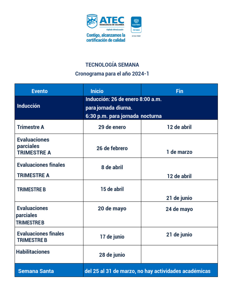 Calendario 2024-1 ATEC | PDF