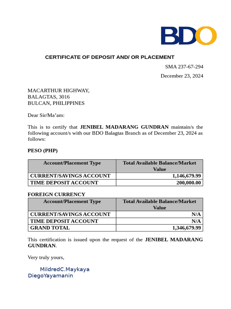 Savings Statement-BDO | PDF