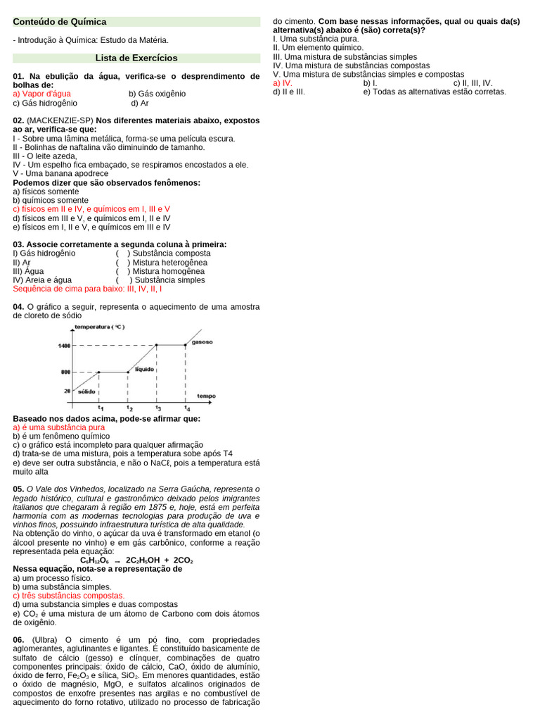 Lista 4 - Estudo Da Matéria - 1ºano - GABARITO | PDF | Substancias químicas | Mistura