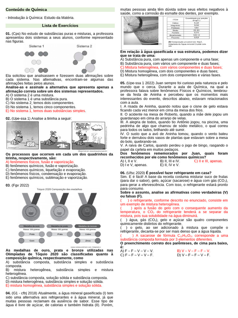 Lista 1_Estudo da Matéria_1ºAno_GABARITO | PDF | Mistura | Substancias químicas