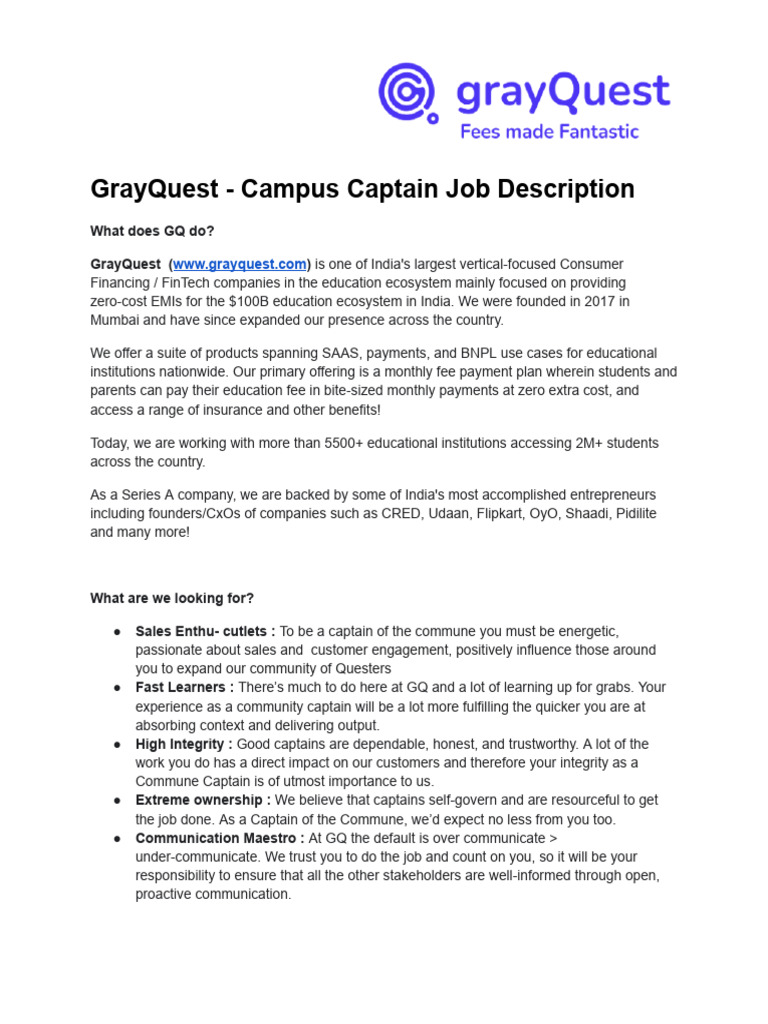 GrayQuest Campus Captain Internship Role | PDF | Business | Economies