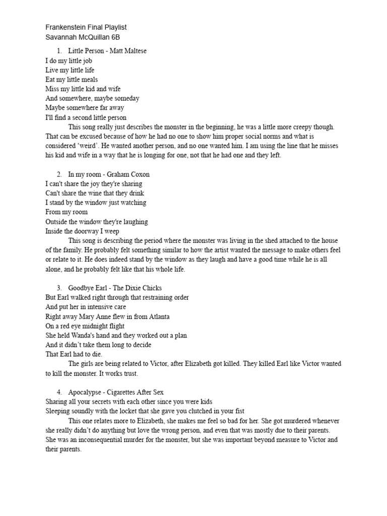 Frankenstein Playlist English IV | PDF | Frankenstein
