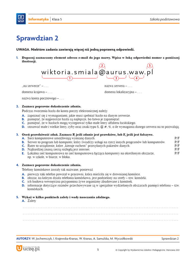 Informatyka SP4-8 KL 5 ZM Sprawdzian2 | PDF