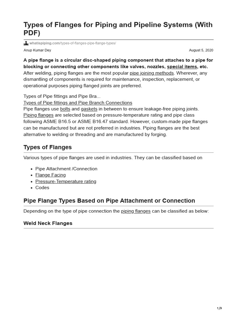 Types of Flanges For Piping and Pipeline Systems With PDF | PDF | Pipe ...