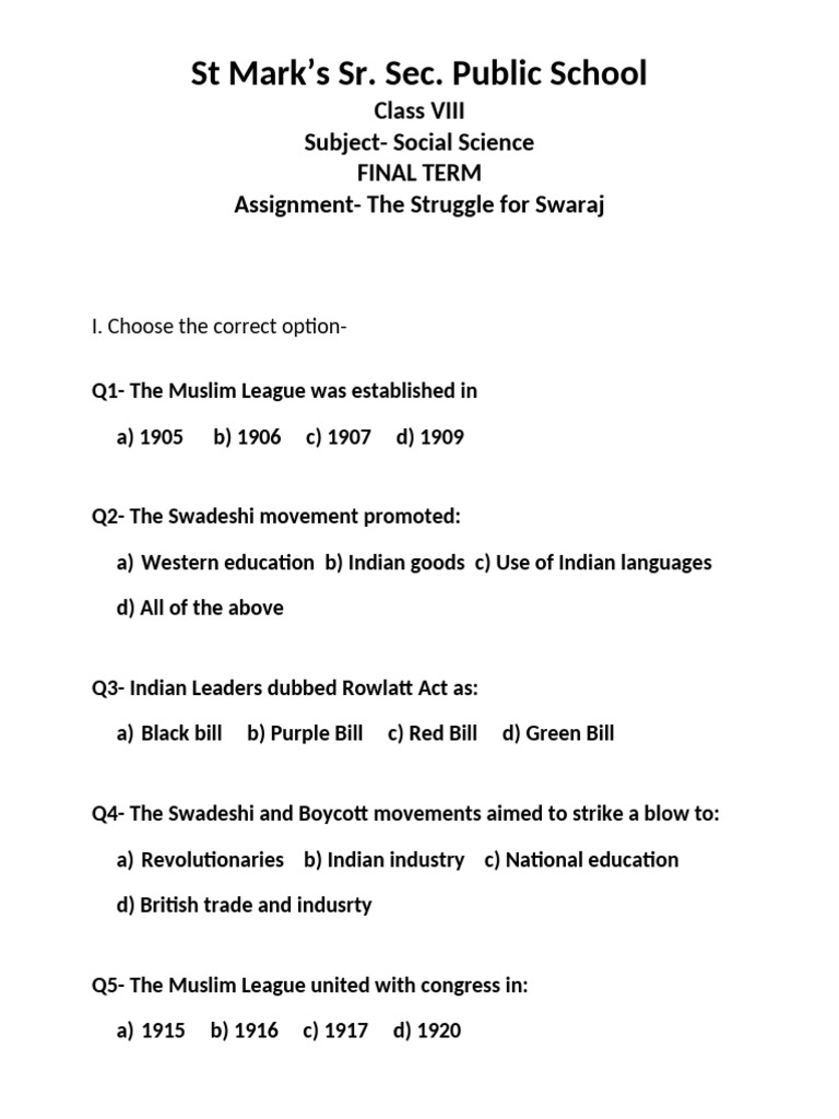 SST Assignment - Struggle For Swaraj | PDF | British Raj | South Asia