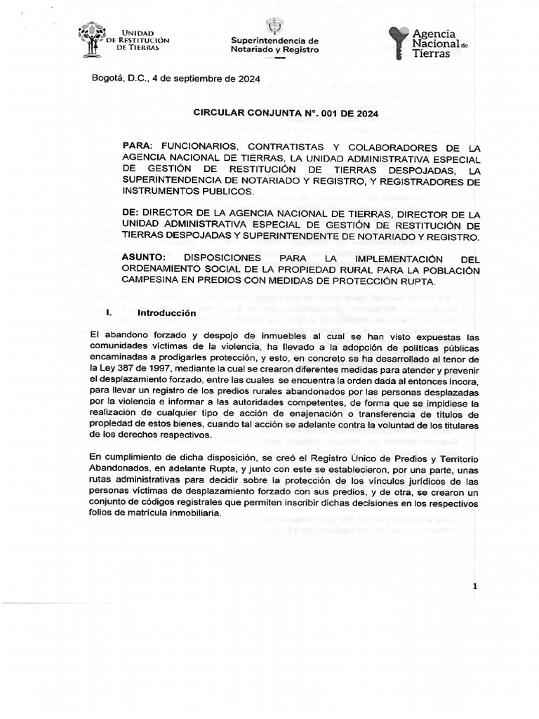 Circular Conjunta 001 de 2024 - URT - ANT - SNR | PDF