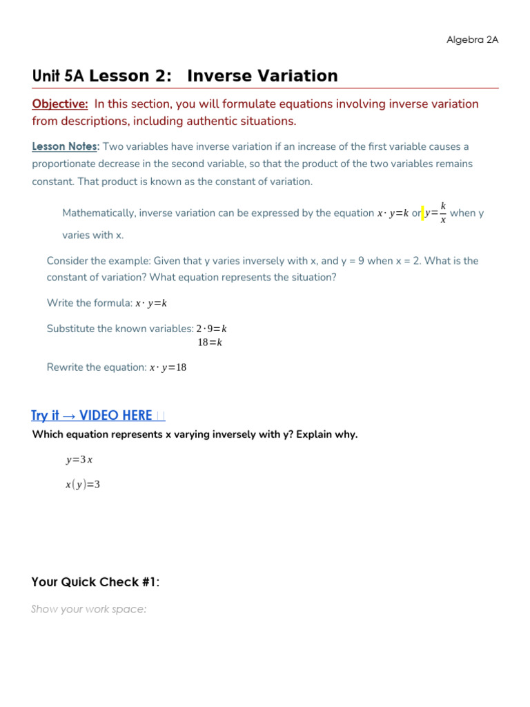 ALG 2A U5 L2 Inverse Variation w- Videos | PDF | Variable (Mathematics) | Equations