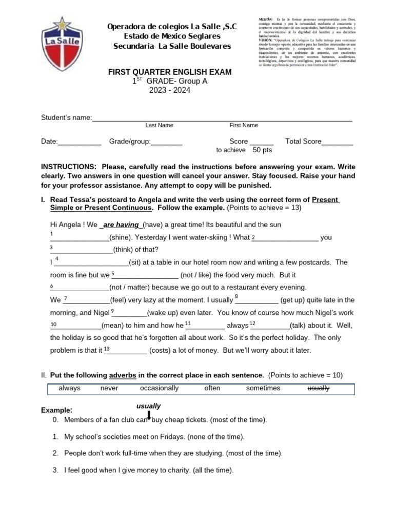 1st. Grade Advanced English Exam - 1er - Trim. | PDF | Linguistics ...