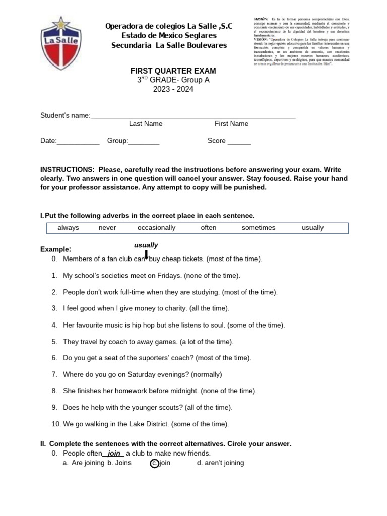 3rd. Grade Advanced English Exam - Format - LS2023 | PDF | Linguistics ...