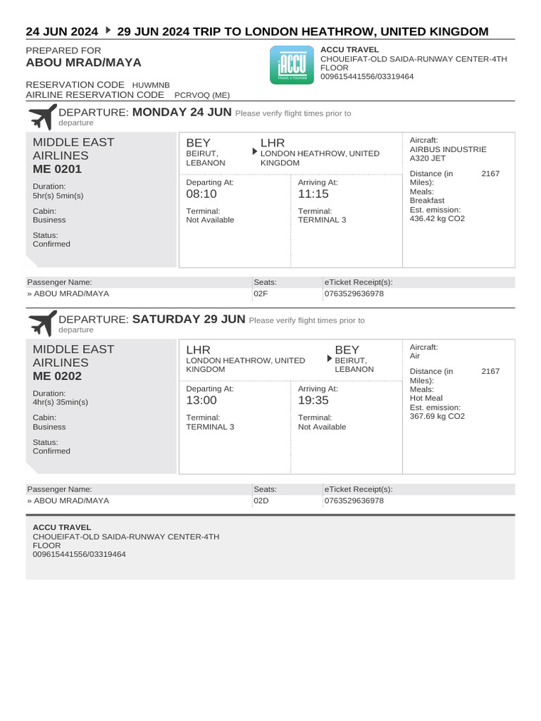 Travel Reservation June 24 For MAYA ABOU MRAD | PDF | Aerospace | Airlines