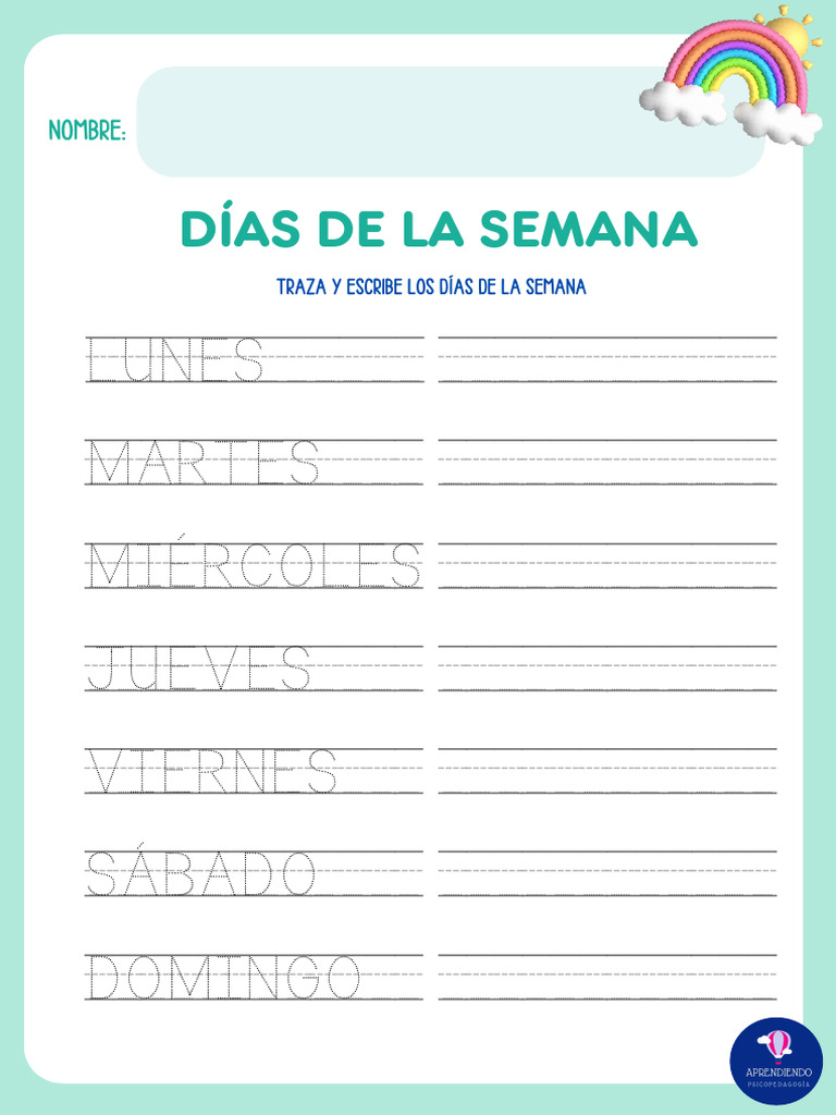 Hoja de Trabajo de Trazo Días de La Semana Lindo Colores Pasteles | PDF
