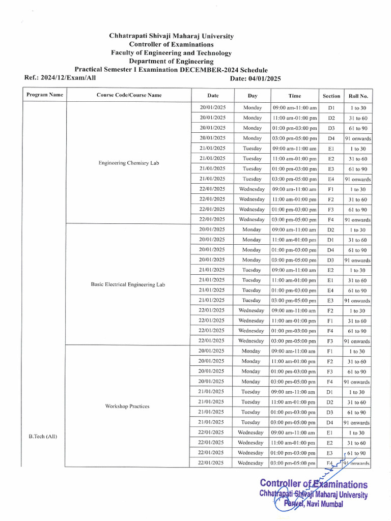 B.Tech Sem I Practical Time Table - December 2024 | PDF