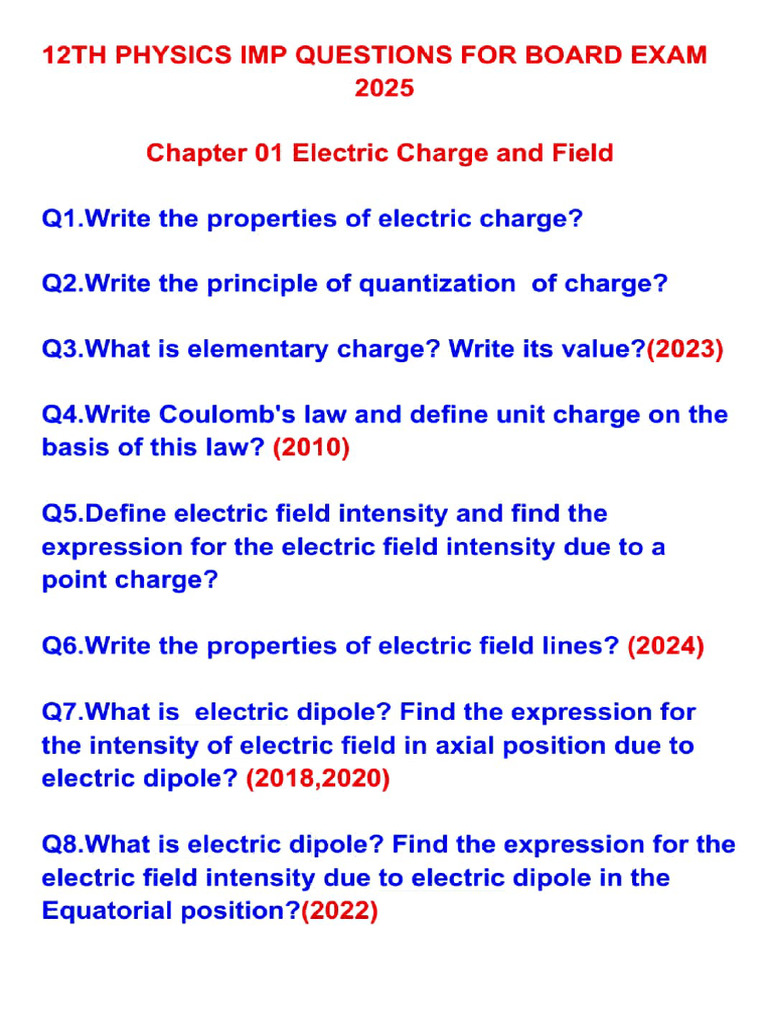 12TH Physics Imp Questions 2025 | PDF