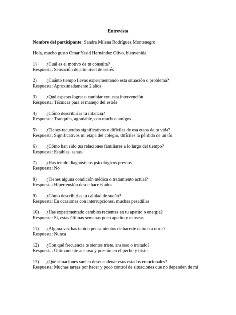 Formato Entrevista Diagnostico Sandra | PDF | Estrés (biología) | Pesadilla