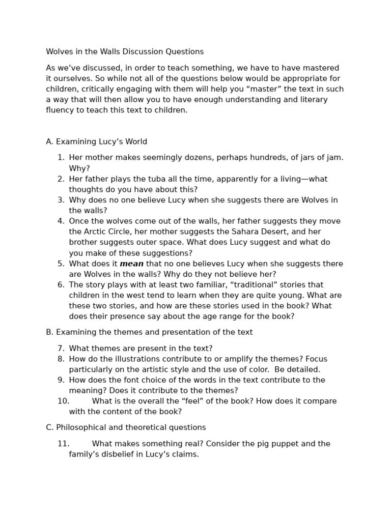 Discussion Questions for "Wolves in the Walls" | PDF