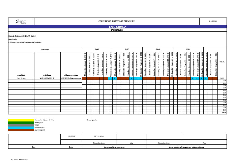Feuille de Pointage Mensuel AOUT 2024 Khelfa Walid | PDF