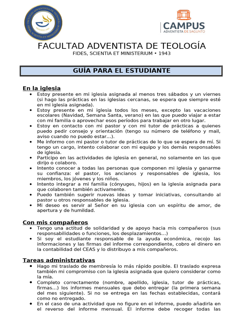 Guía de Prácticas para Estudiantes de Teología | PDF