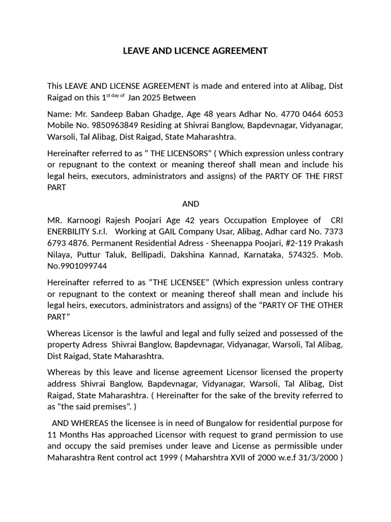 Leave and Licence Agreement Draft | PDF | License | Landlord