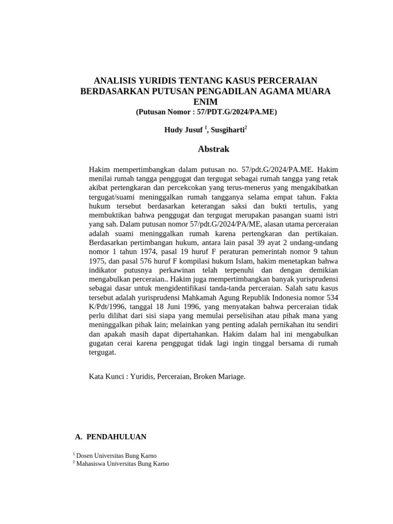 ANALISIS YURIDIS TENTANG KASUS PERCERAIAN BERDASARKAN PUTUSAN PENGADILAN AGAMA MUARA ENIM ...