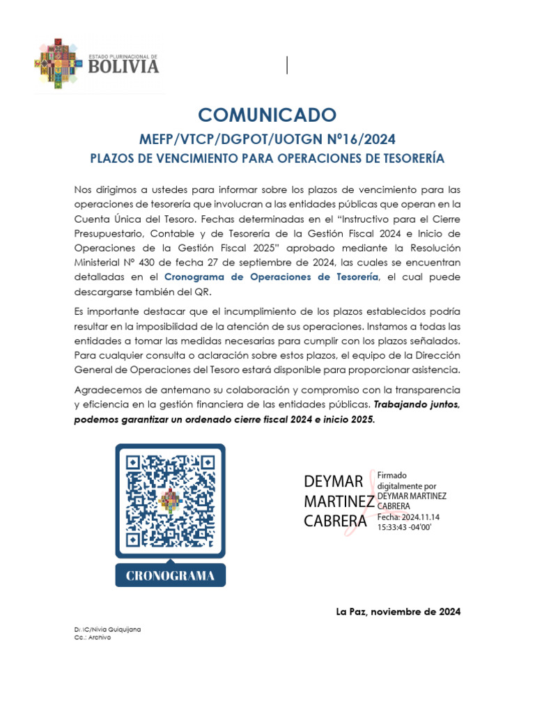 COMUNICADO MEFP_VTCP_DGPOT_UOTGN Nº16_2024 | PDF