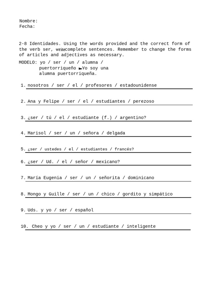 Ser Unfinished Sentences | PDF
