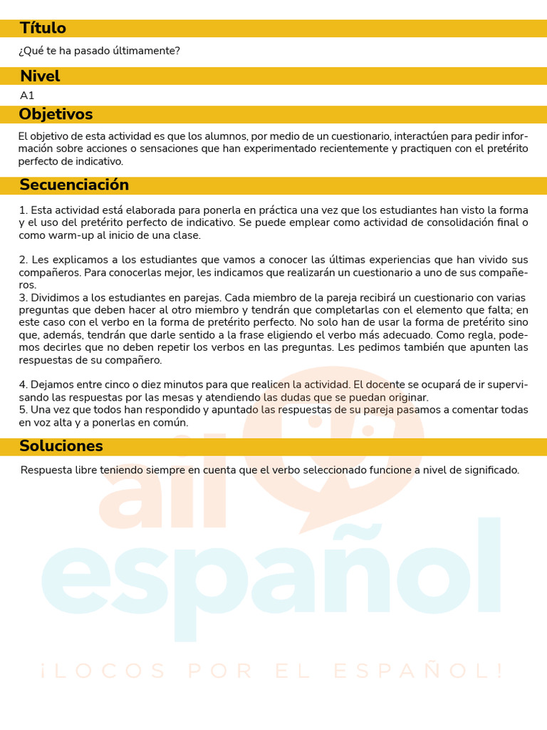 Actividad de Preguntas en Pretérito Perfecto | PDF