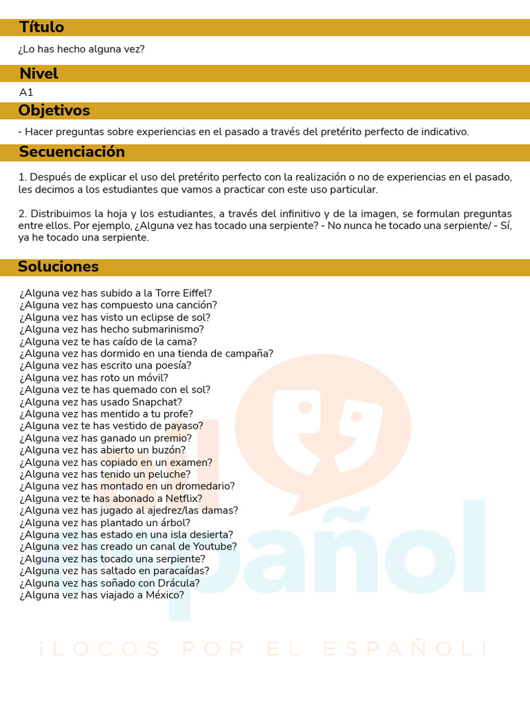 Secuenciacion Ejercicio Espanol Preterito Perfecto - PDF LO HAS HECHO ...