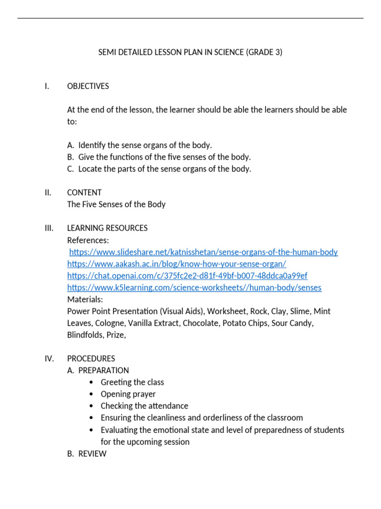 Semi Detailed Lesson Plan in Science Grade 3 | PDF | Senses | Taste