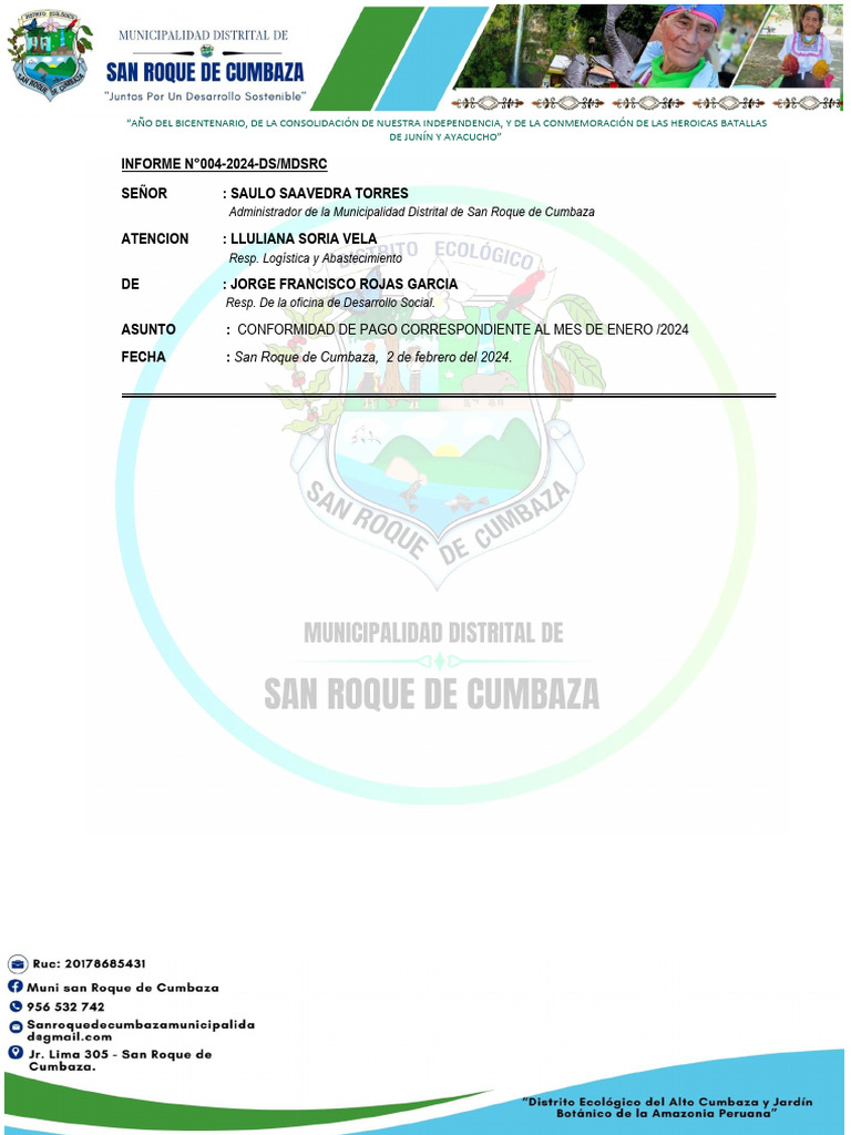 Informe N°4 Conformidad de Pago Correspondiente Al Mes de Enero /2024 | PDF