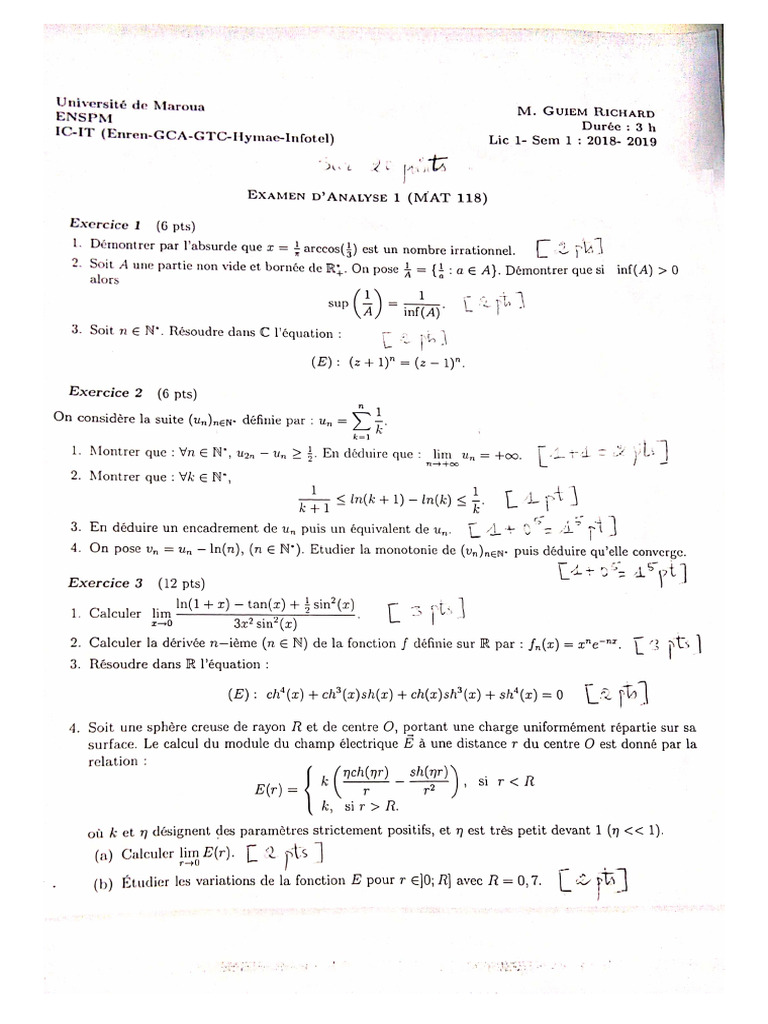 Analyse 1 Examen 2018-2019 | PDF