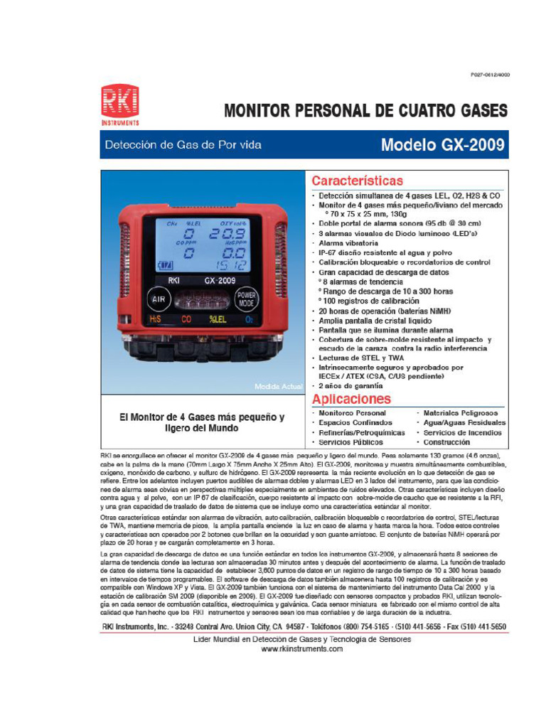 Ficha Tecnica en Espanol Monitor de Gas GX2009 | PDF
