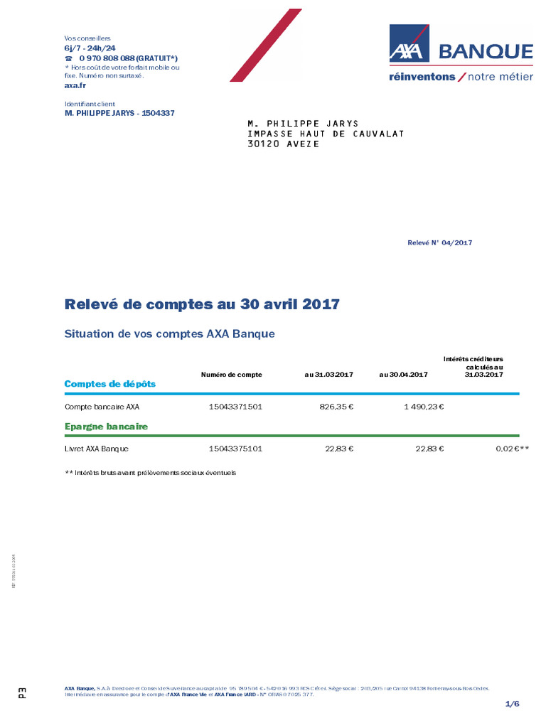 Relevé de compte AXA Banque - Avril 2017 | PDF | Banques | Les sociétés