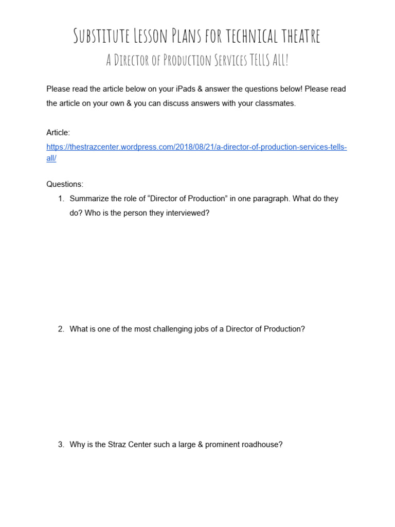 Substitute Lesson Plans For Technical Theatre: A Director of Production ...