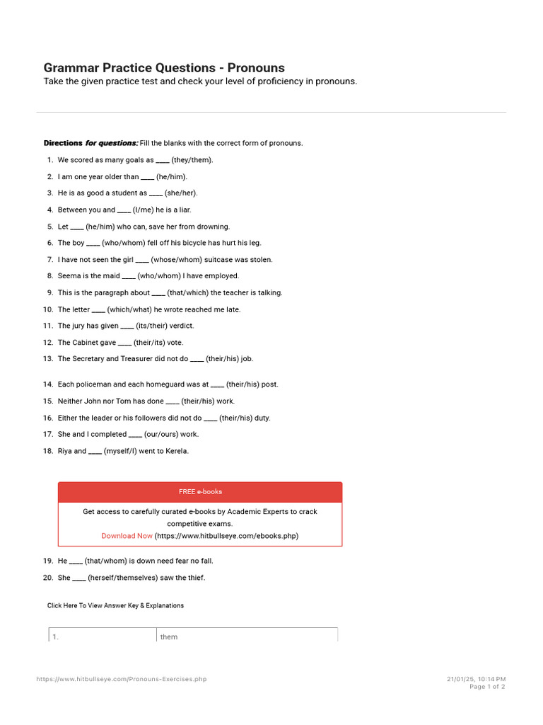 Pronouns - Pronoun Questions - Pronouns Exercises - Hitbullseye | PDF