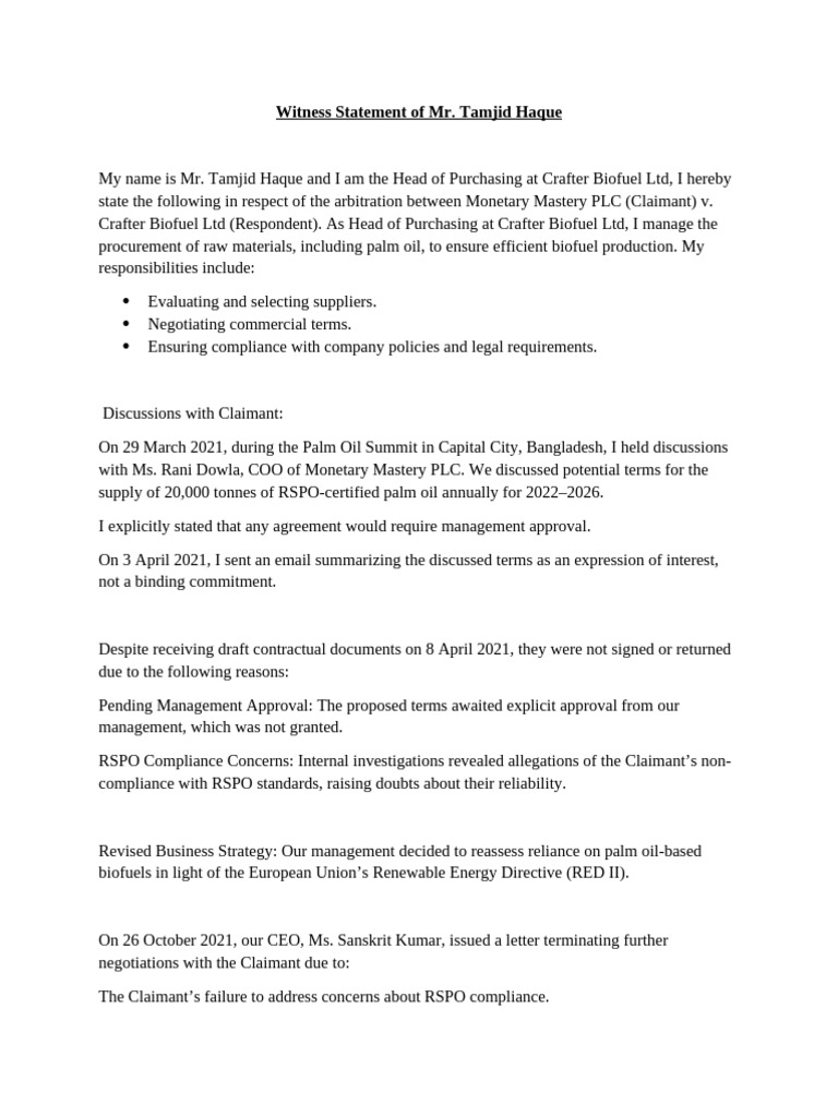 Witness Statement in Biofuel Dispute | PDF | Mediation | Procurement