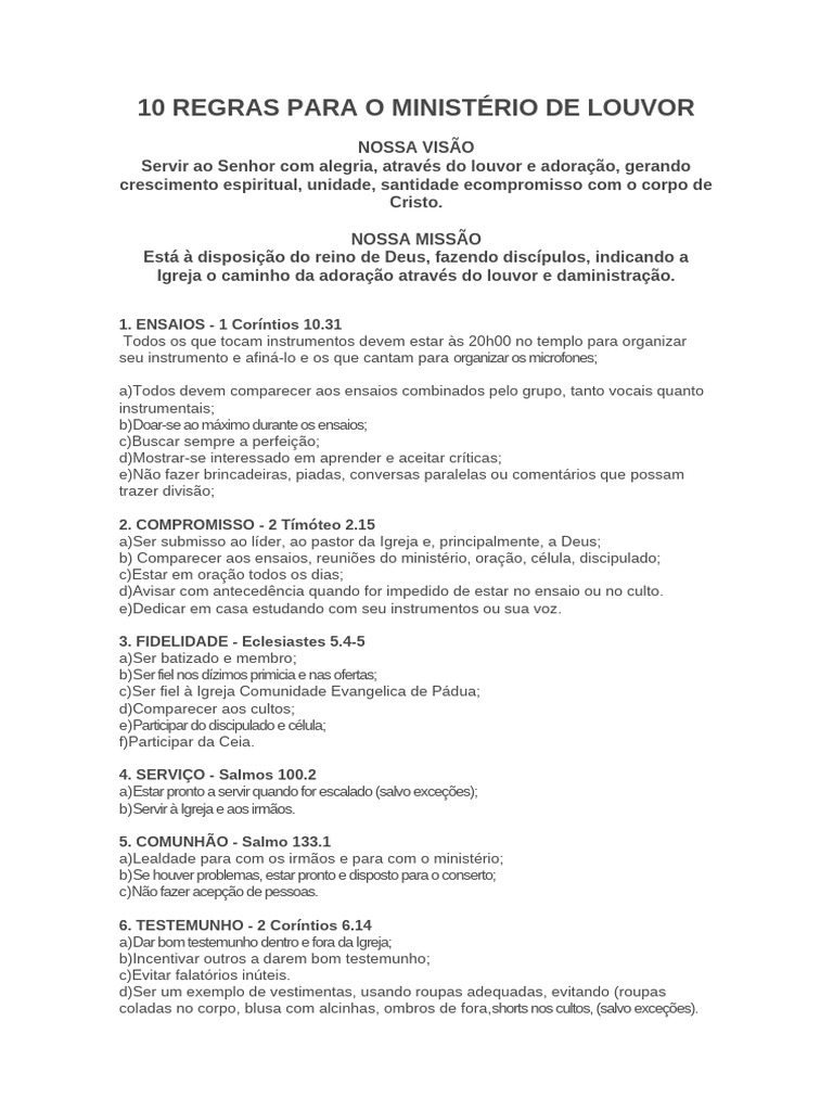 10 Regras para o Ministério de Louvor | PDF | Igreja cristã | Oração