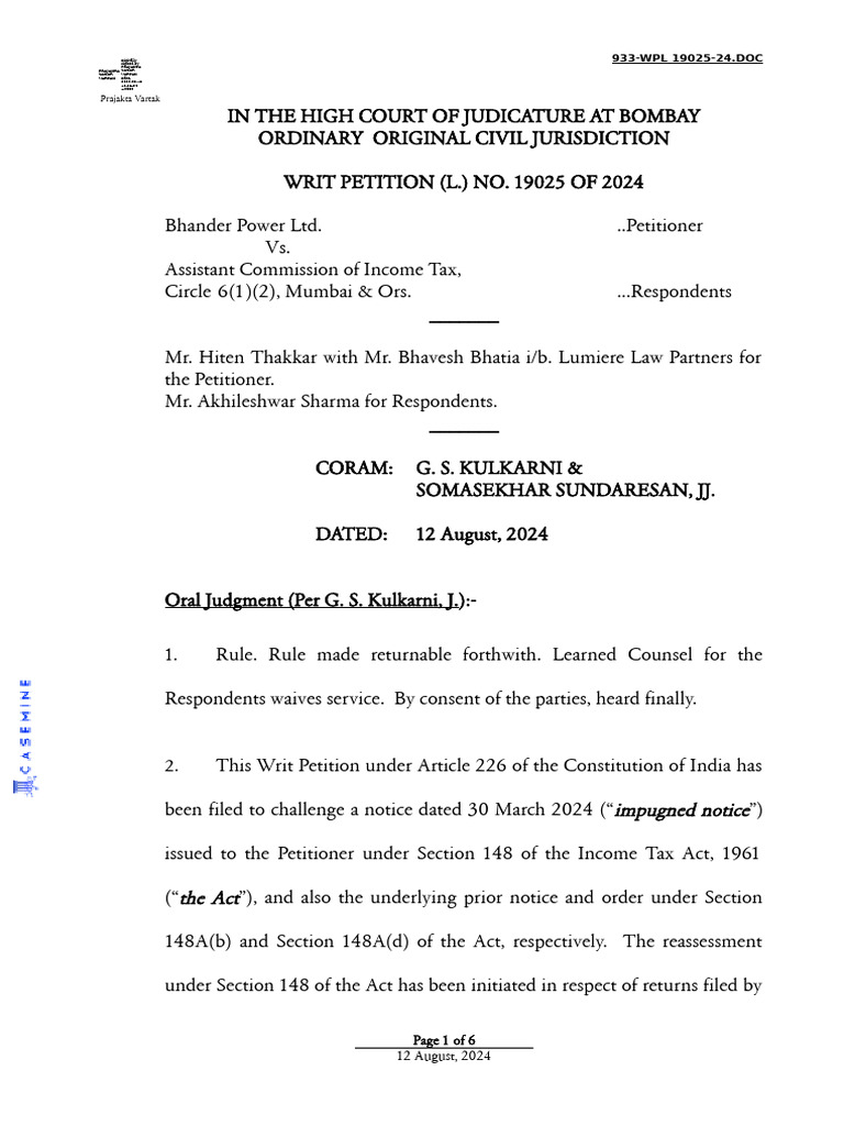 Bhander Power LTD vs. ACIT (WP (L) No. 19025 of 2024) DTD 12.08.2024 ...