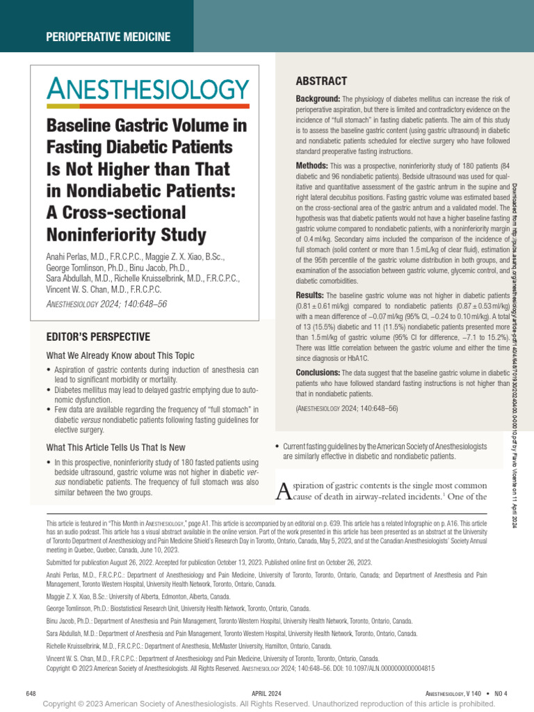 Baseline Gastric Volume in Diabetic Patients April 2024 | PDF | Medical ...