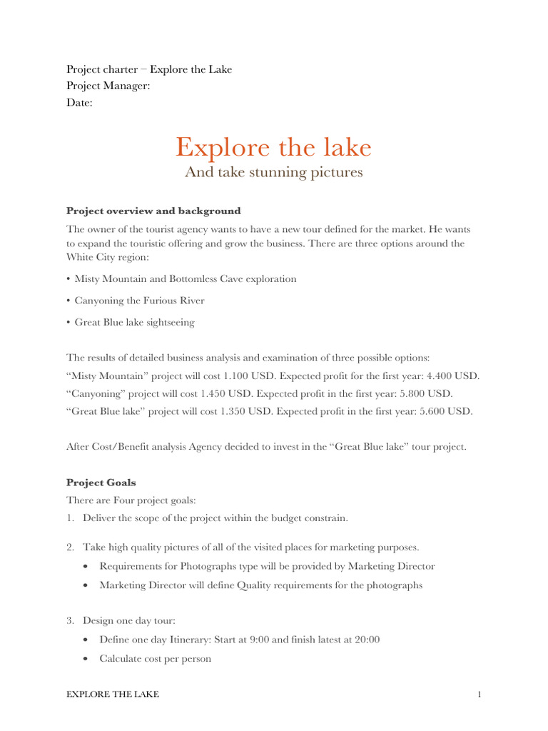 Great Blue Lake Tour Project Plan | PDF | Business | Economies