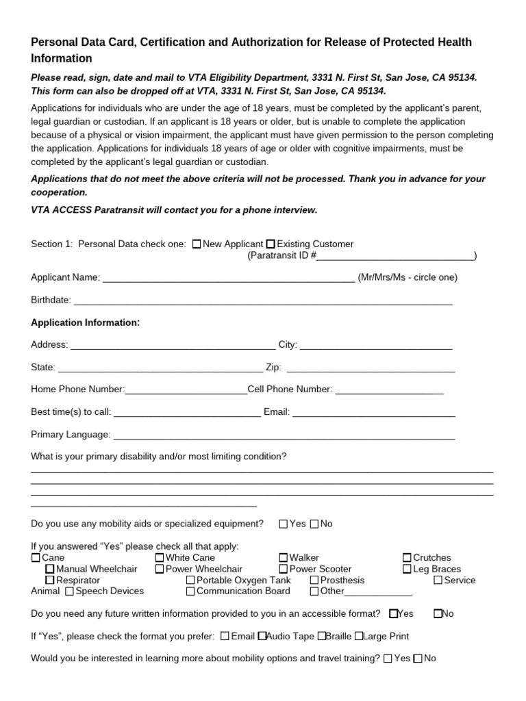 VTA Paratransit Application Form | PDF